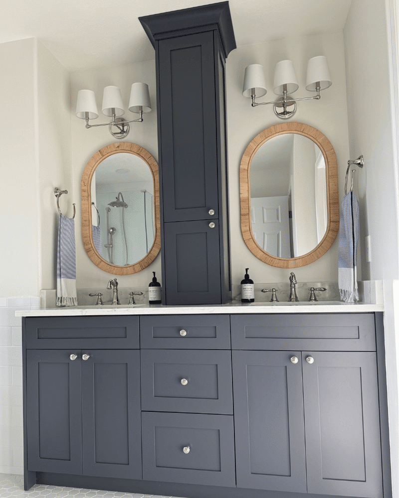 Our Custom Blue Bathroom Vanity with Center Tower Storage - All in Stripes